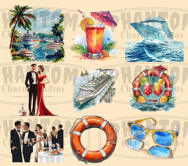 Cruise Vacation Clipart Bundle I Watercolor, Ocean Travel, Cruise Ships ...