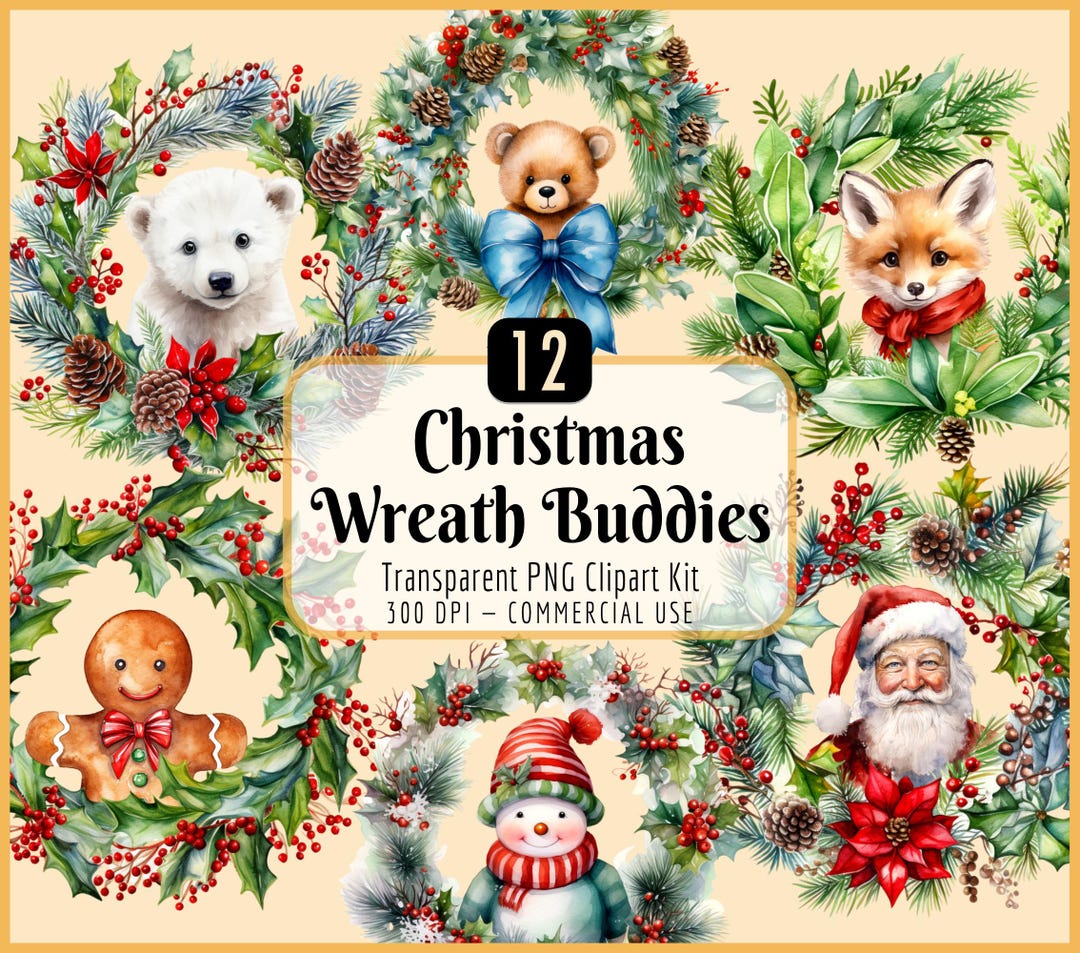 Holiday Wreath Buddies Clipart Kit | Watercolor, Classic Christmas ...