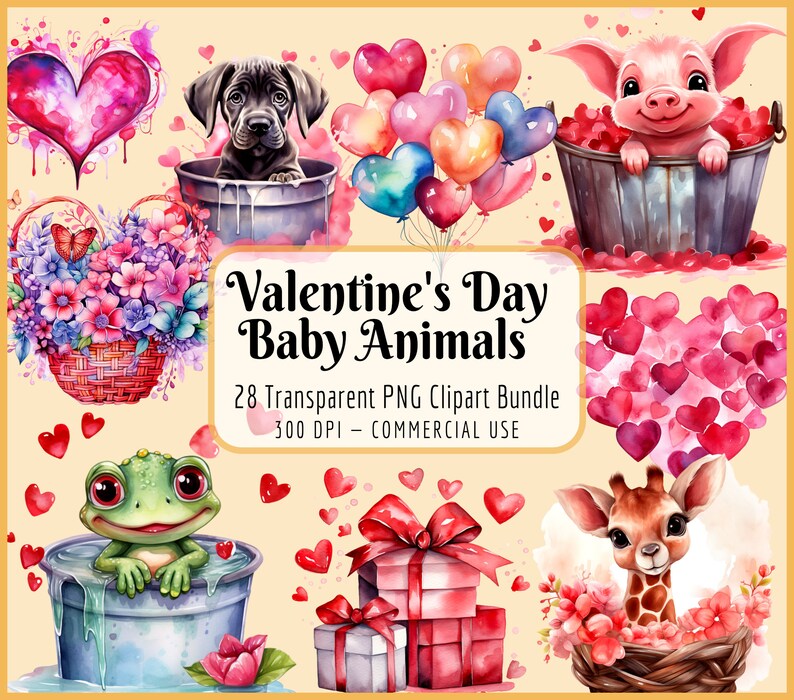 Valentine's Day Baby Animals Clipart Bundle Cute Baby Animal Valentines ...