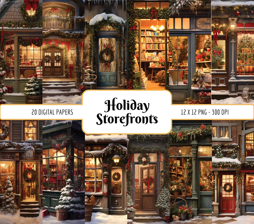 Holiday Storefronts Digital Paper Pack | Christmas Shop Decorations ...