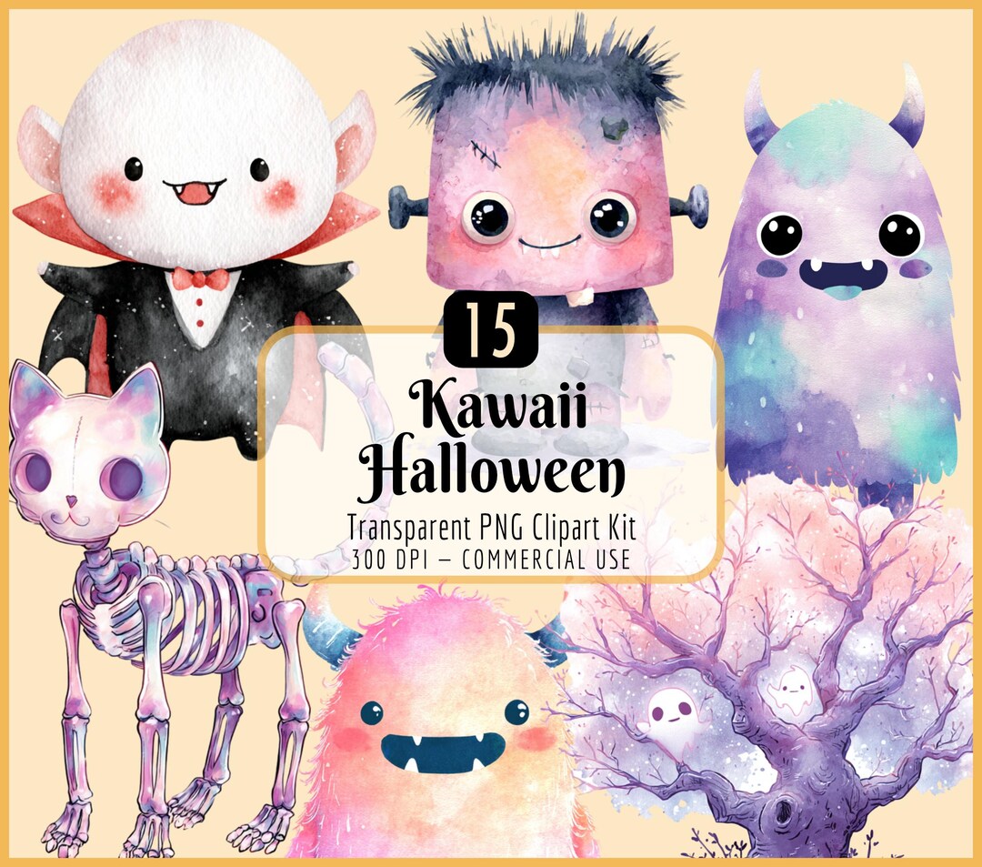 Cute Kawaii Halloween Clipart Kit | Watercolor, Spooky Pastel Designs ...