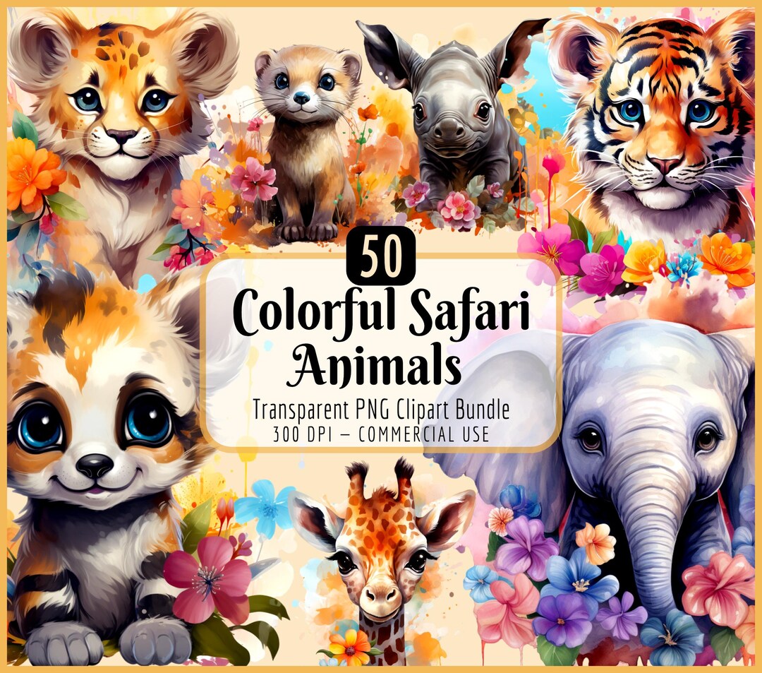 Colorful Safari Animals Clipart Bundle I Watercolor, 90s Style Painted ...