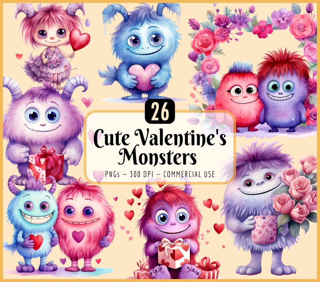 Cute Valentines Monsters Clipart: Romantic Cartoon Monsters Valentine ...