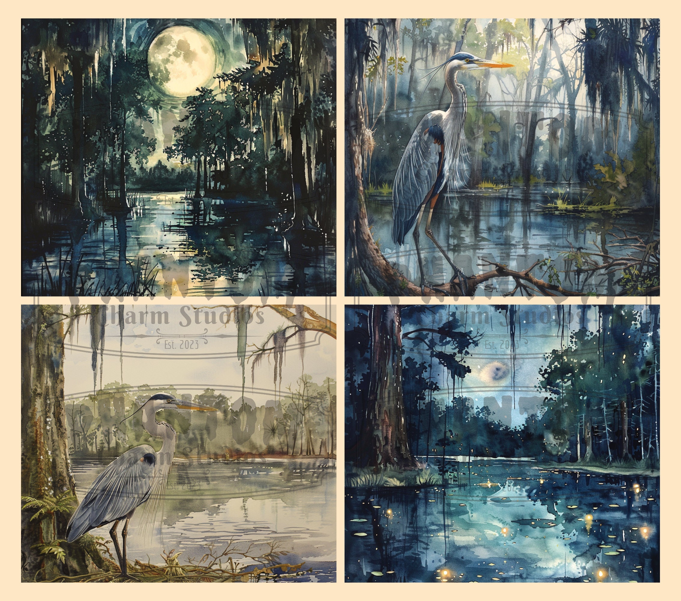 Watercolor Bayou Landscapes Digital Paper | Southern Louisiana, Cypress ...