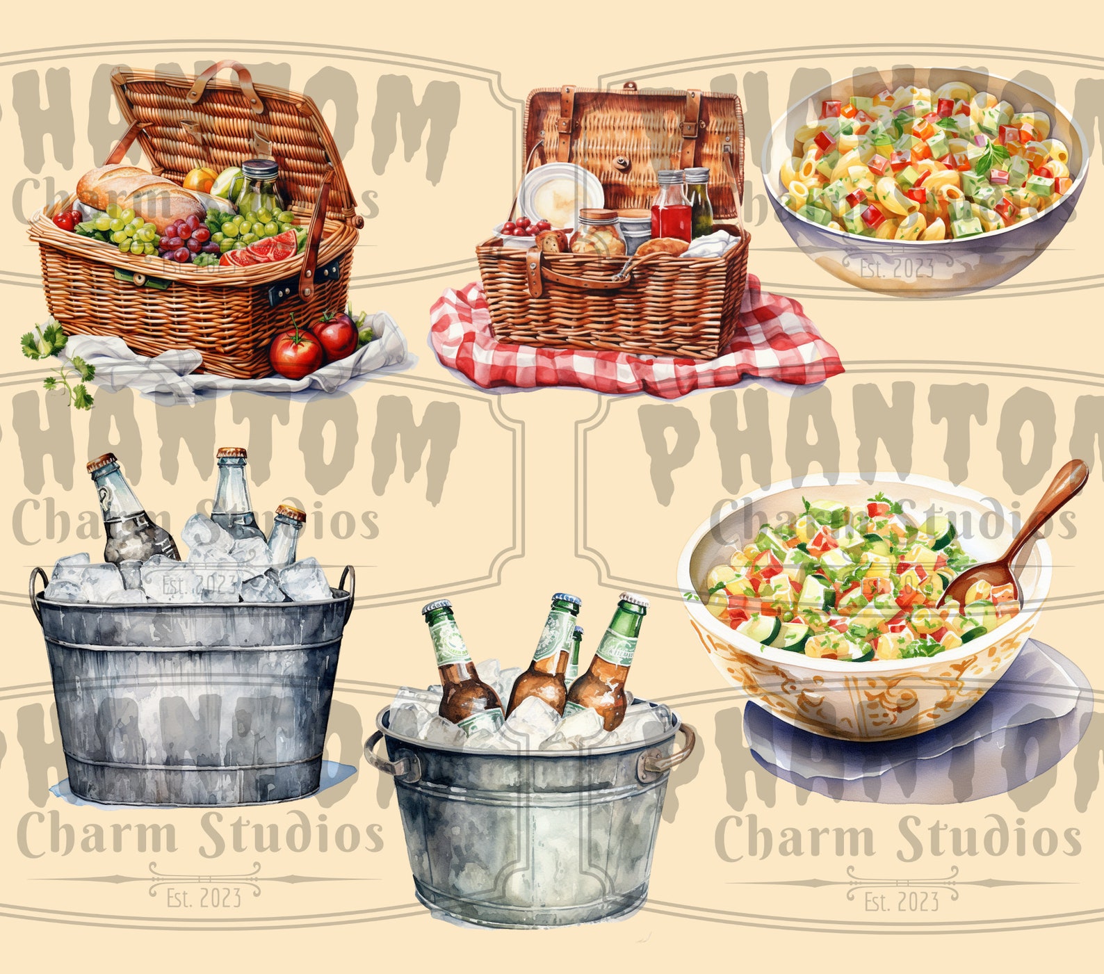 Watercolor Picnic Clipart Bundle | Outdoor Spring Summer Picnic Baskets ...