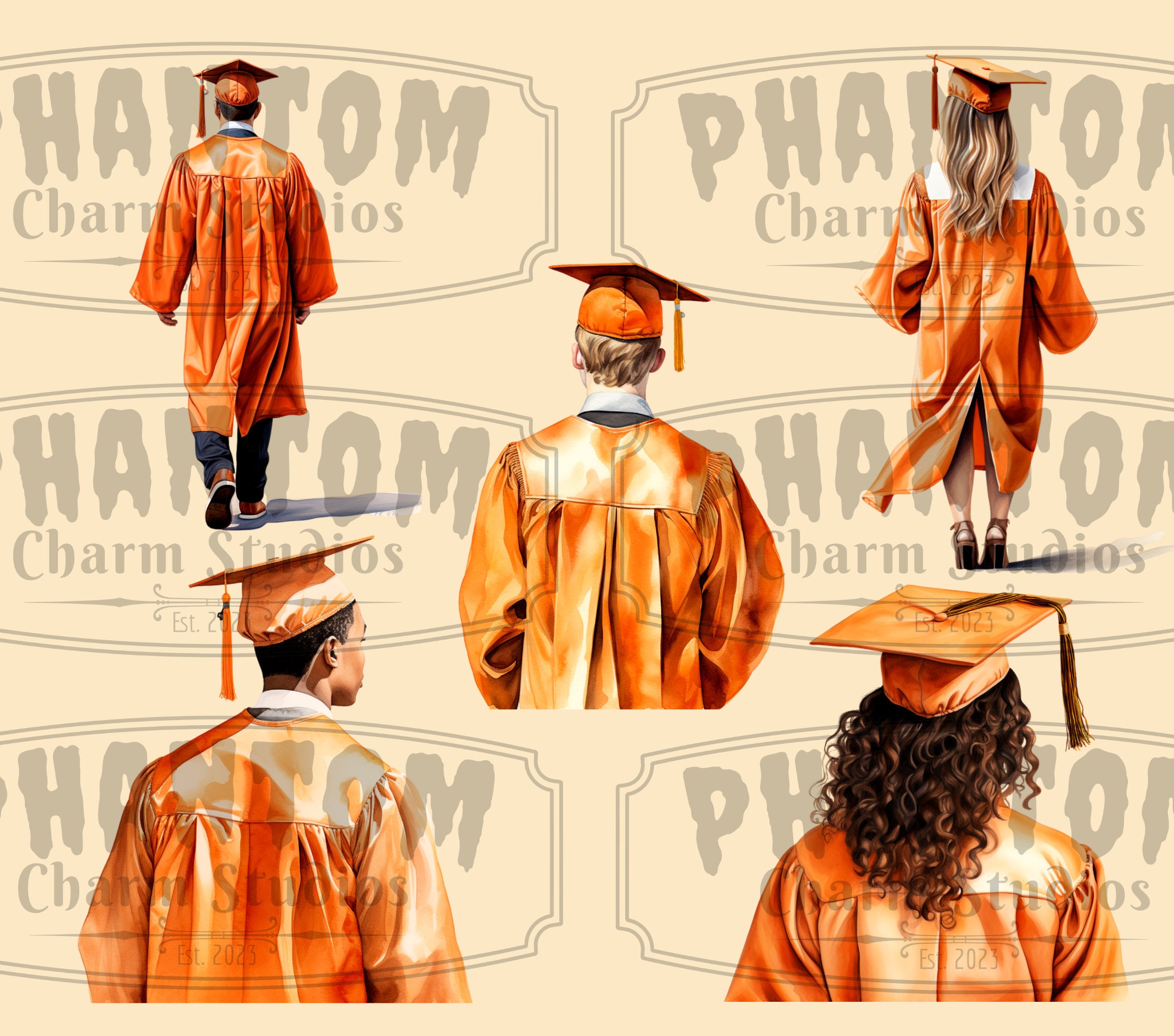 Watercolor Graduation Clipart Bundle I Orange Blue, Grad, Diploma, Cap ...