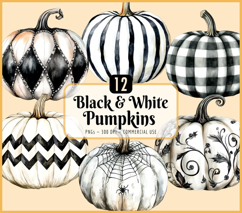 Black & White Pumpkins Clipart Kit | Fancy Halloween Painted Pumpkins ...