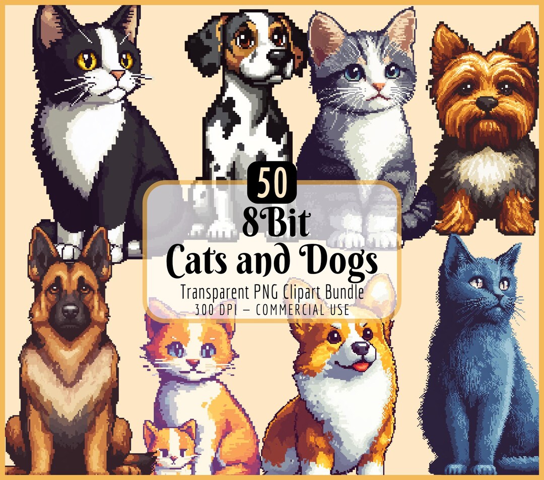 8-bit Cats and Dogs Clipart: Retro Pixel Art Cartoon Graphics (PNG ...