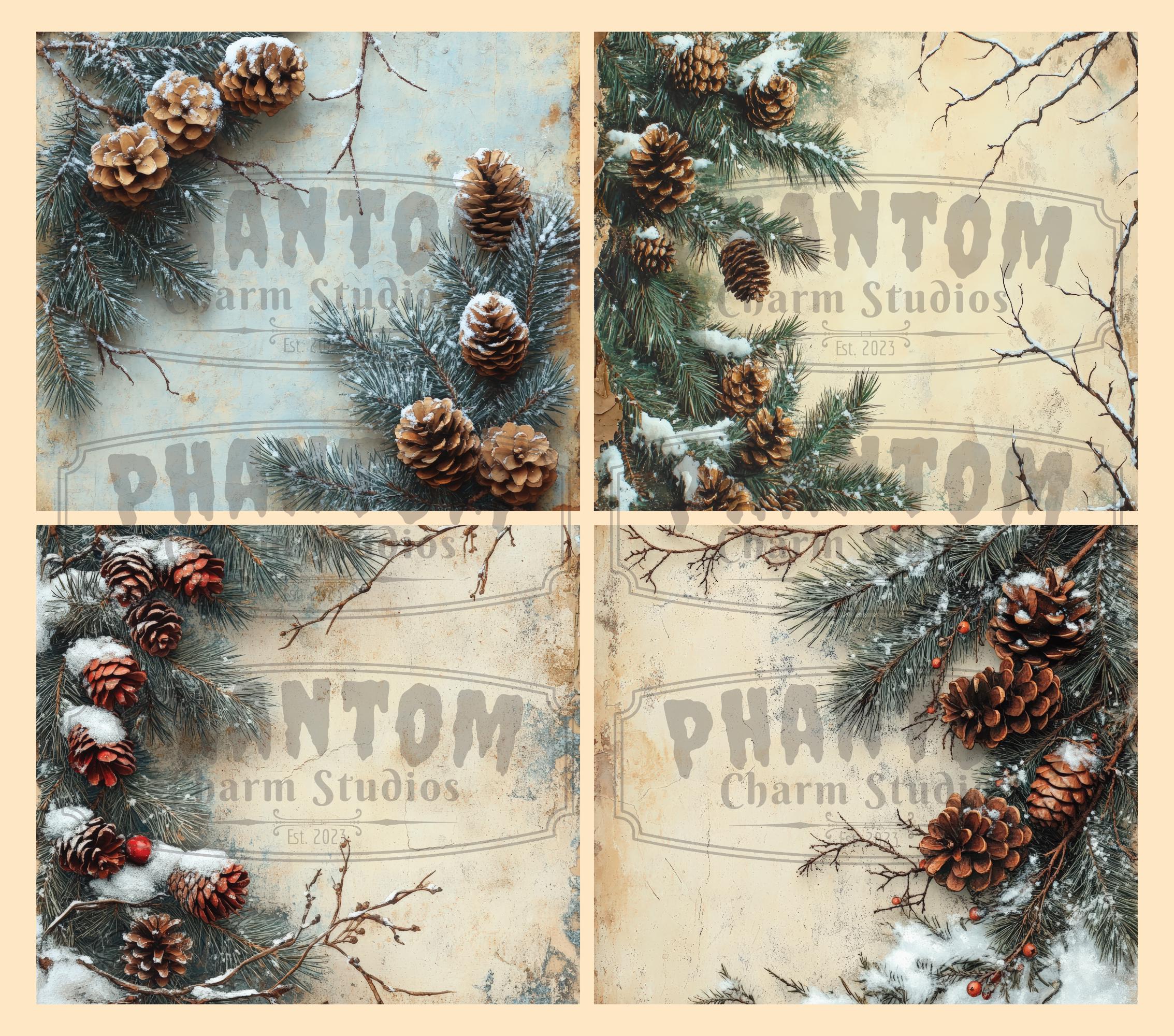 Winter Pinecone Digital Paper Pack: Rustic Holiday Backgrounds (PNG ...
