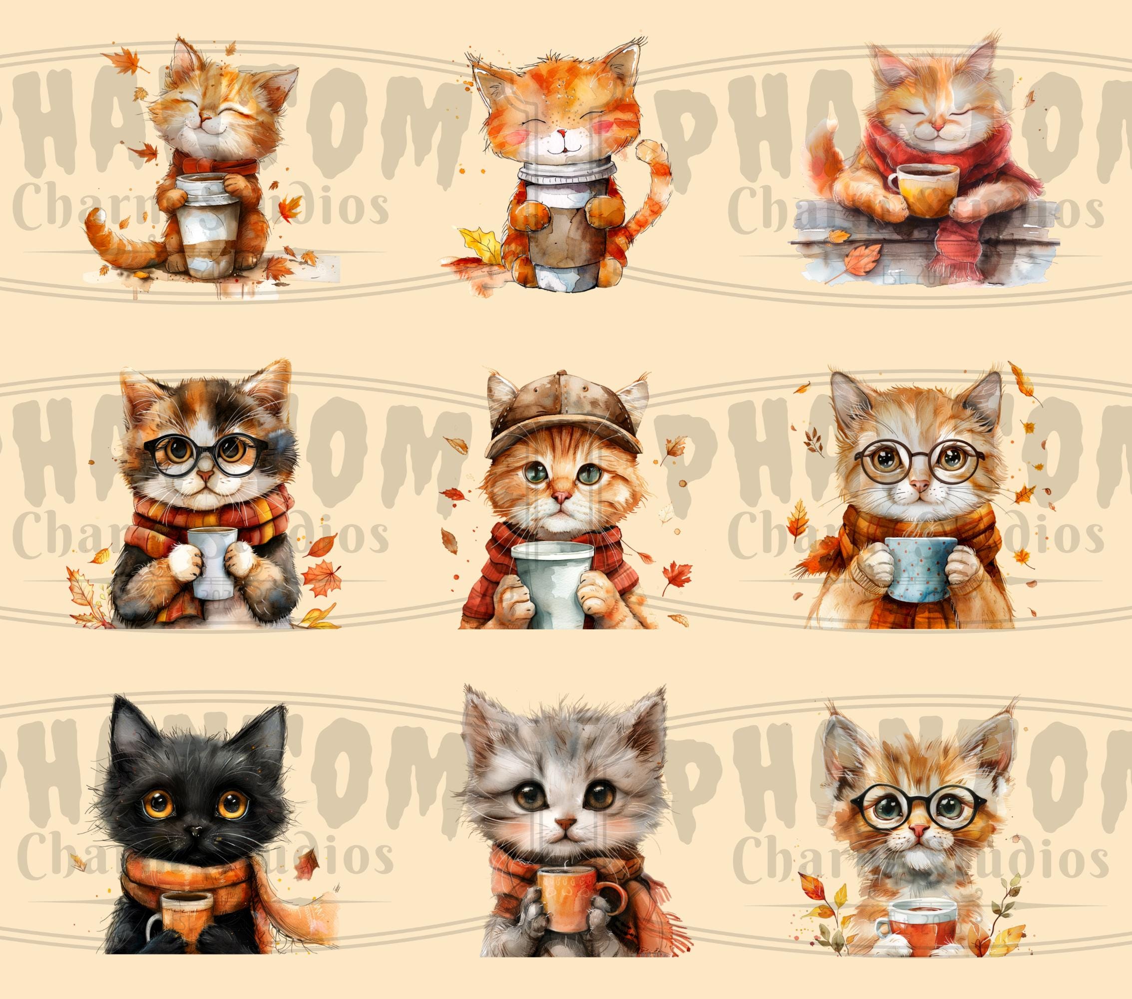 Autumn Cats Clipart Bundle | Watercolor, Cozy Fall Graphics, Pumpkins ...