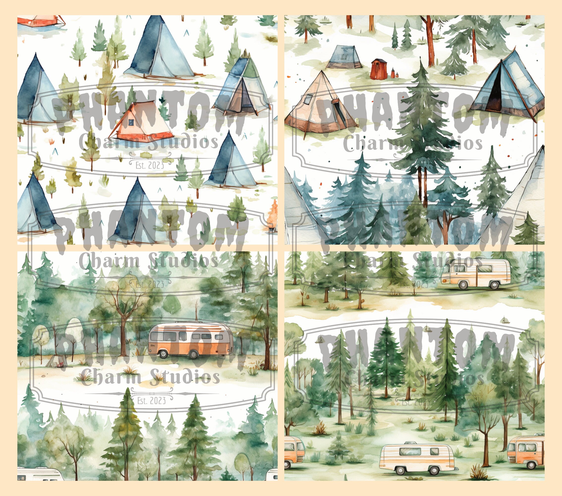 Watercolor Camping Seamless Patterns: Digital Paper Pack, Summer ...