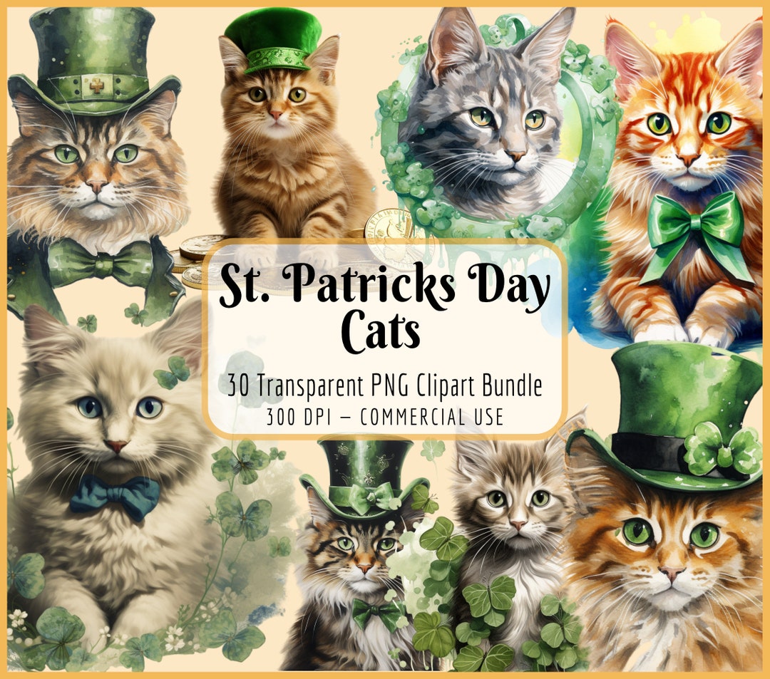 St Patrick's Day Cats Clipart Bundle Gift for Cat Lover Saint Patrick's ...