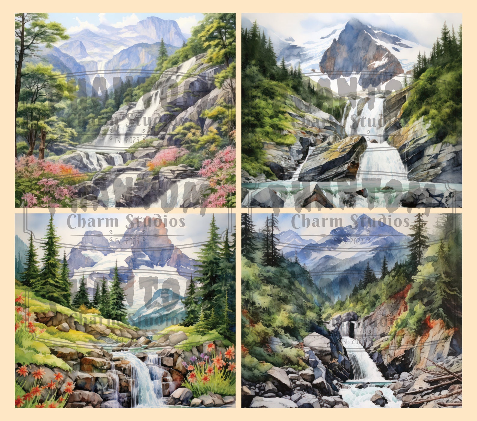 Watercolor Mountains Digital Paper Pack: Scenic Landscape Backgrounds ...