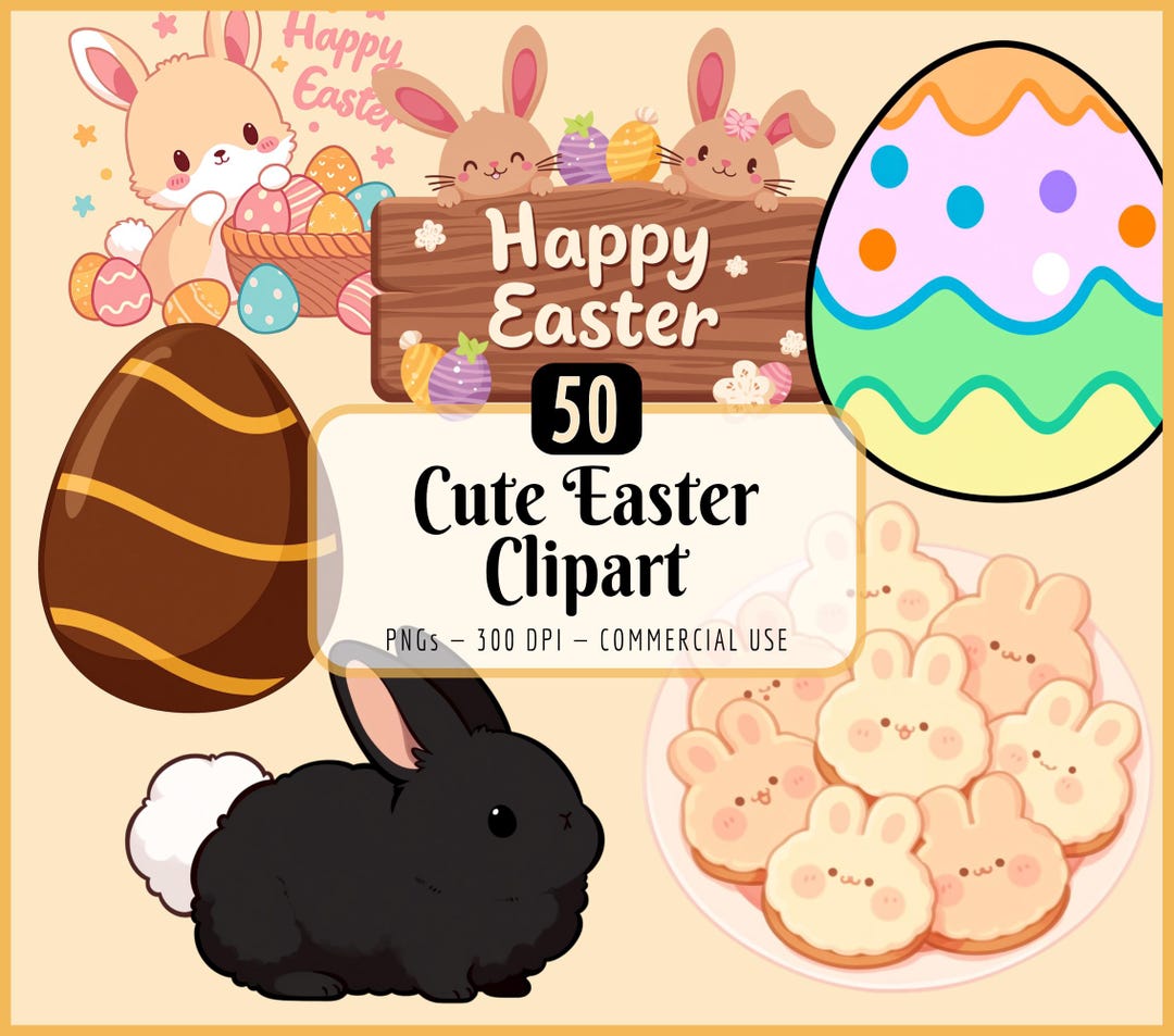 Cute Easter Clipart: Pastel Spring, Kawaii Graphics, Bunnies, Baskets ...