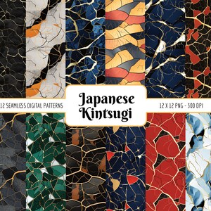 Japanese Kintsugi Seamless Pattern Bundle | Abstract Marble, Mended Cracks, Natural Stone ...
