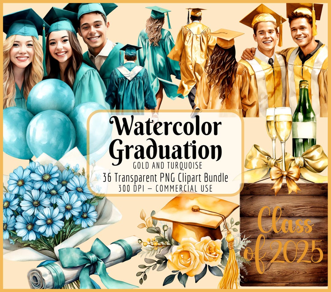 Watercolor Graduation Clipart Bundle I Gold Turquoise, Graduate ...