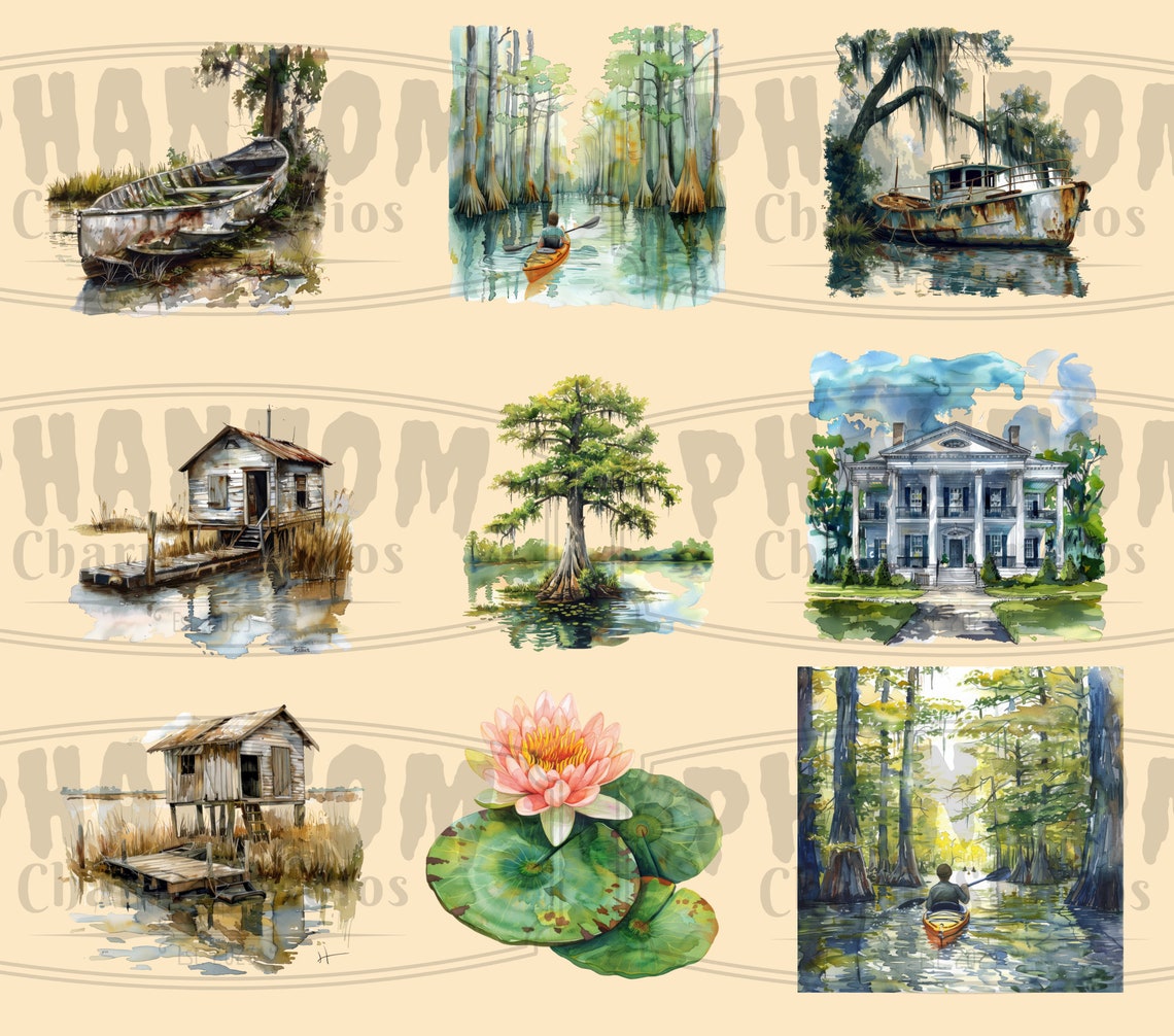 Watercolor Bayou Clipart Bundle I Louisiana, Southern Landscape ...