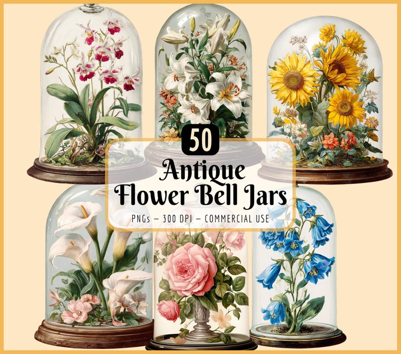 Antique Flower Bell Jars Clipart: Botanical Dome Floral Illustrations ...