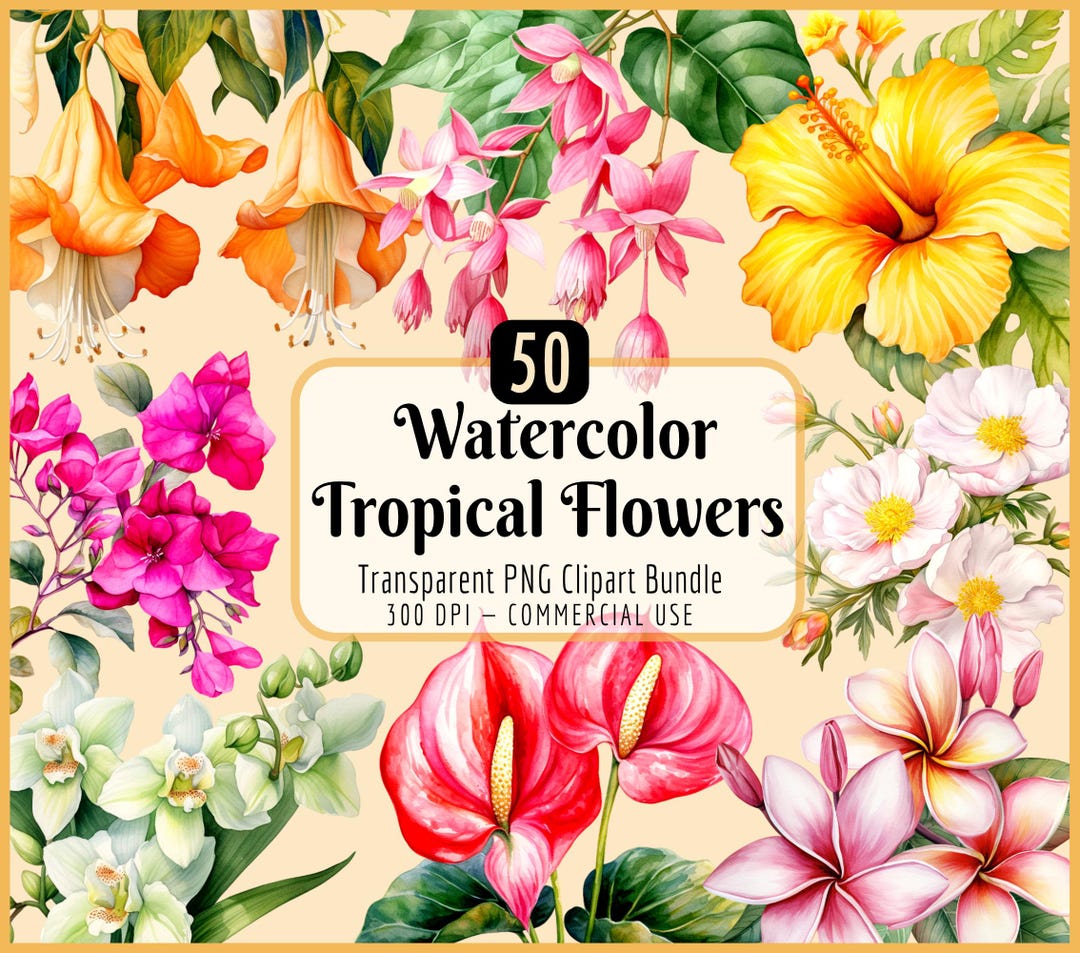 Watercolor Tropical Flowers Clipart Bundle I Exotic Floral, Summer ...