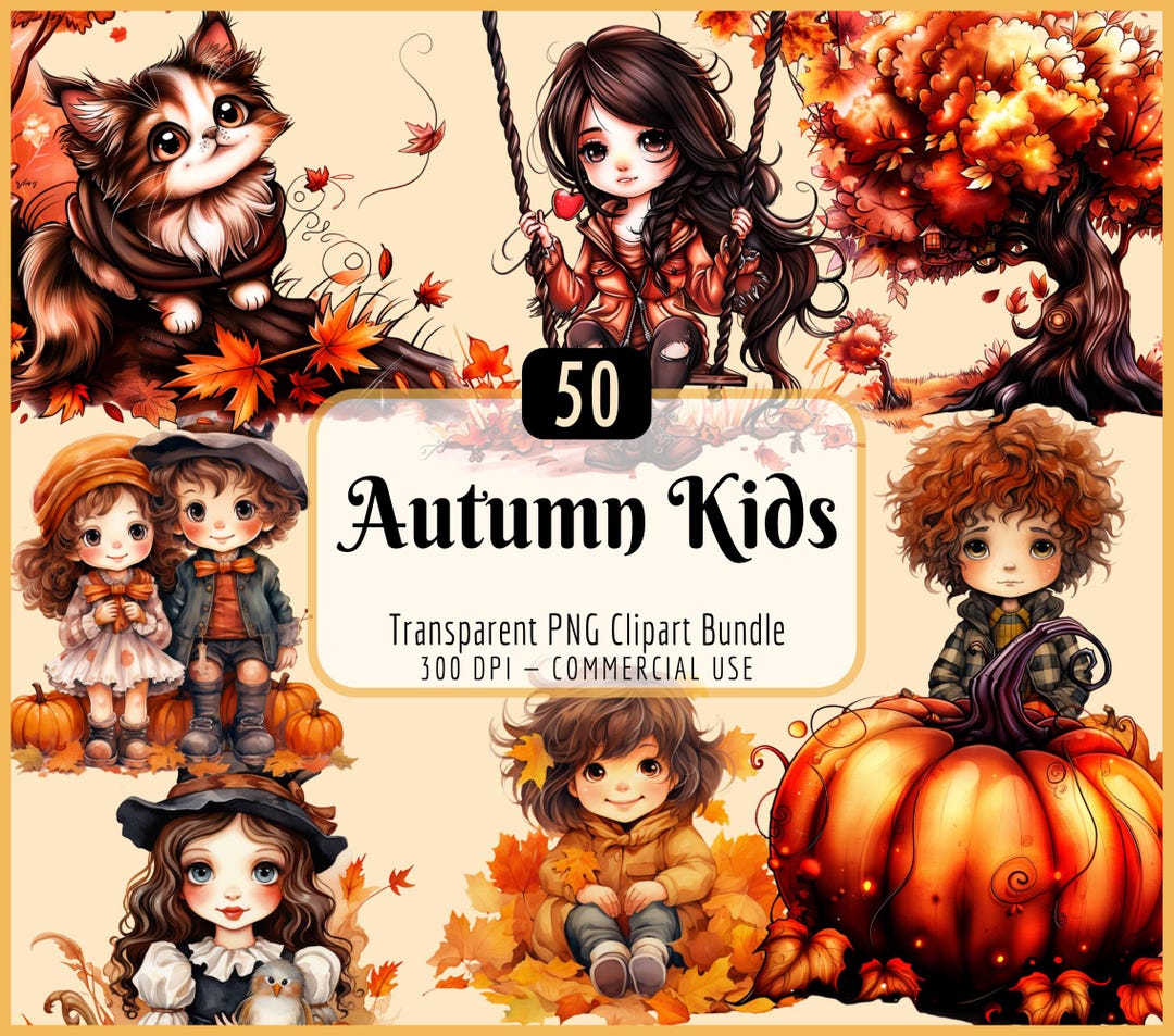 Autumn Kids Clipart Bundle Watercolor, Fall Leaves, Pumpkin Season ...