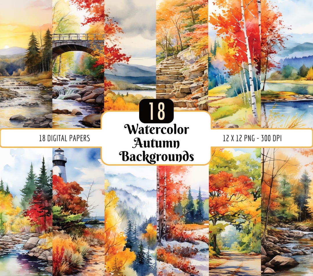 Watercolor Autumn Backgrounds Digital Paper Pack | Fall Landscapes ...