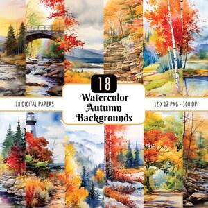 Watercolor Autumn Backgrounds Digital Paper Pack Fall Landscapes ...