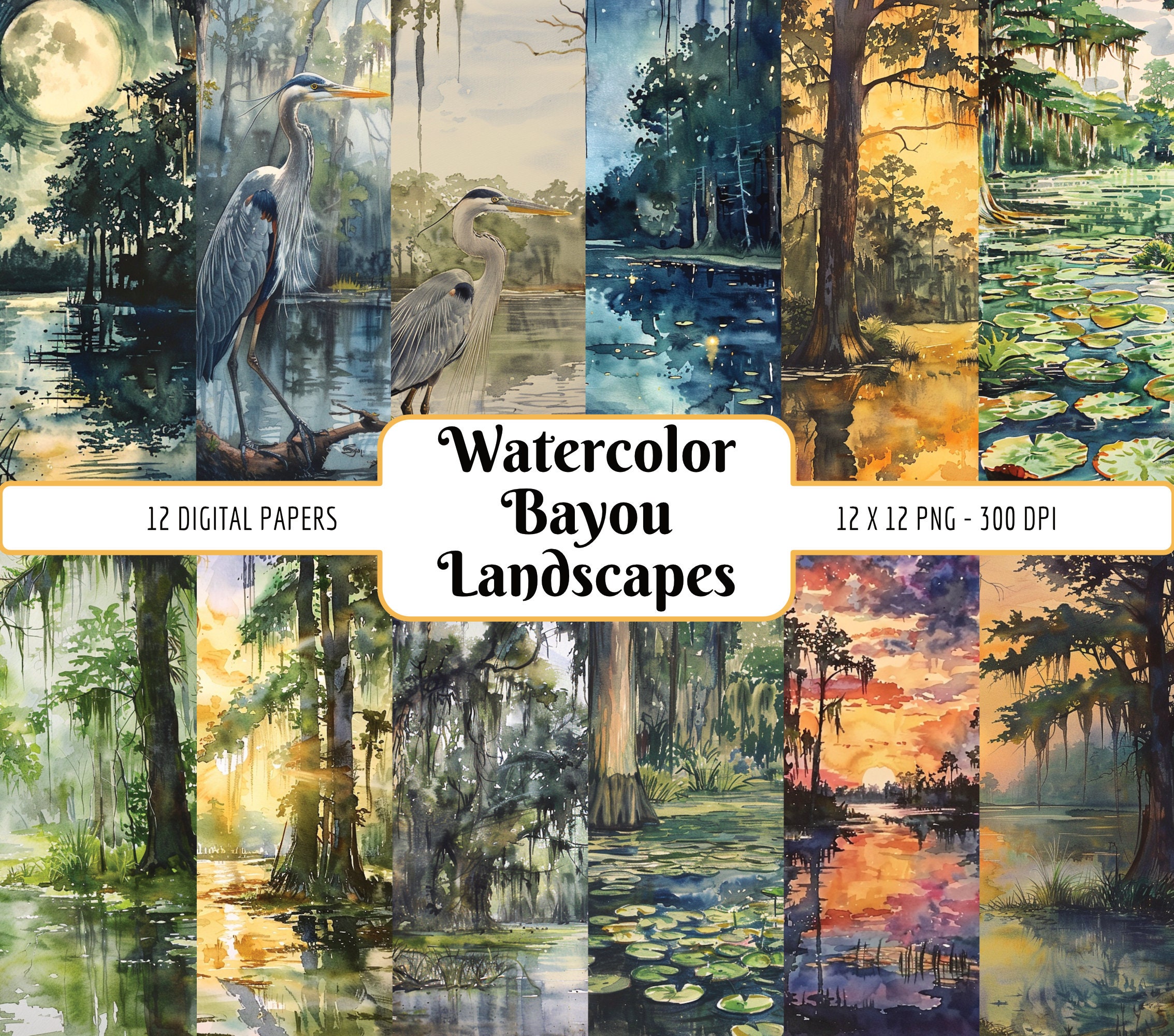 Watercolor Bayou Landscapes Digital Paper Southern Louisiana, Cypress ...