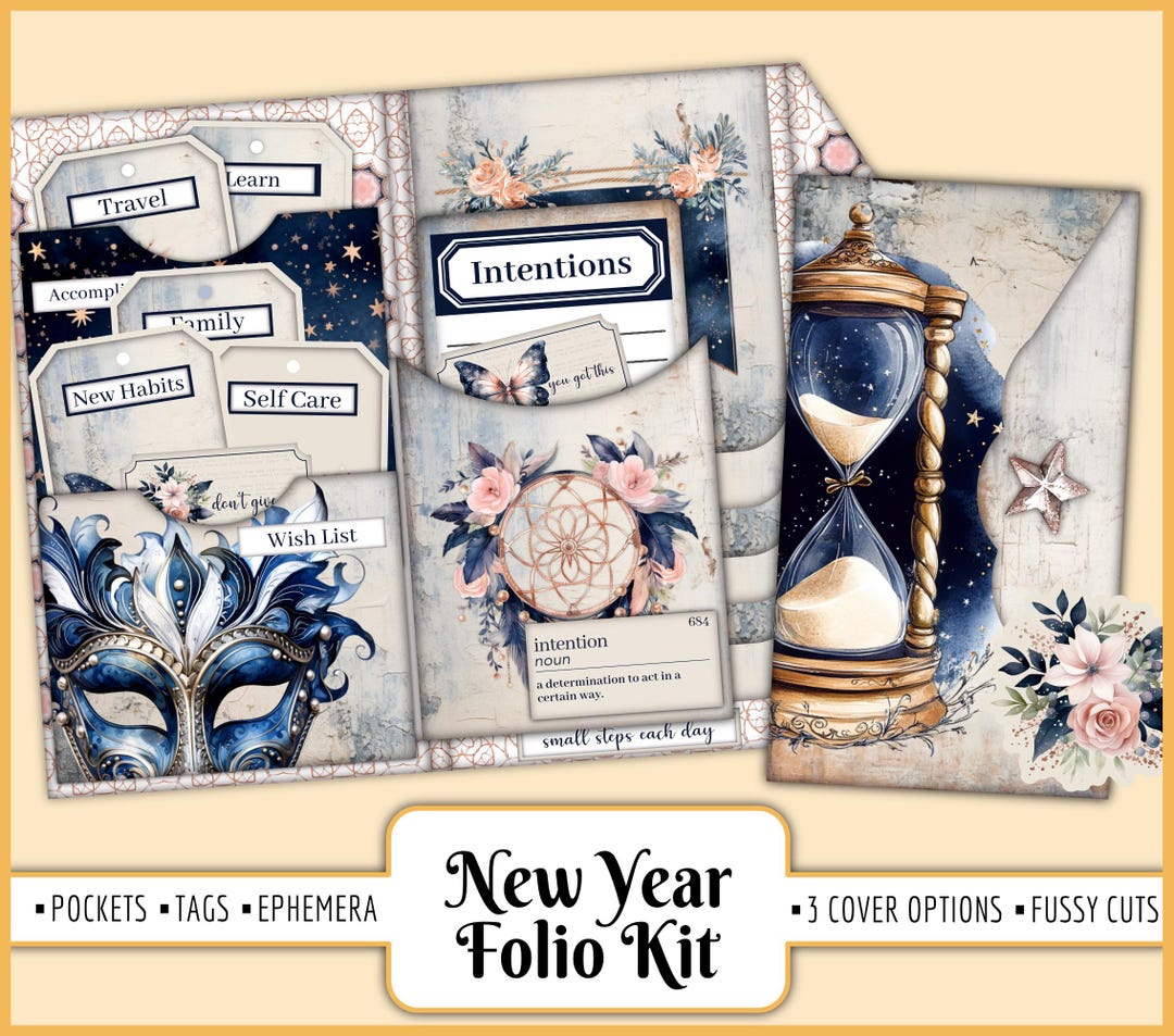 New Year Folio Kit | Junk Journal Insert Folder, Fussy Cuts, Goals ...