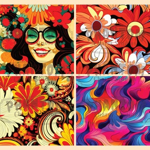 Retro Groovy Digital Paper Pack | Colorful Flower Power, Psychedelic ...
