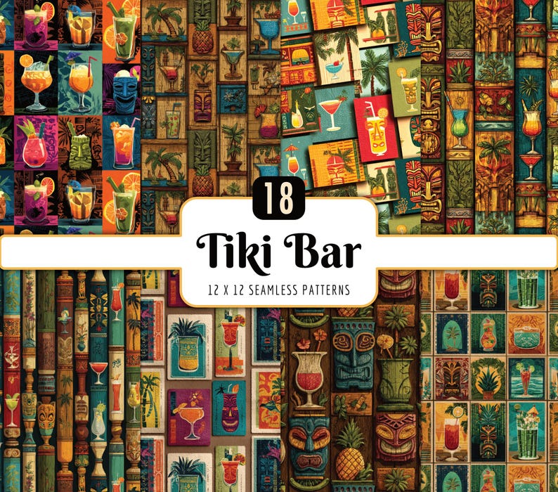 Tiki Bar Seamless Patterns: Island Party Digital Paper Pack (PNG ...