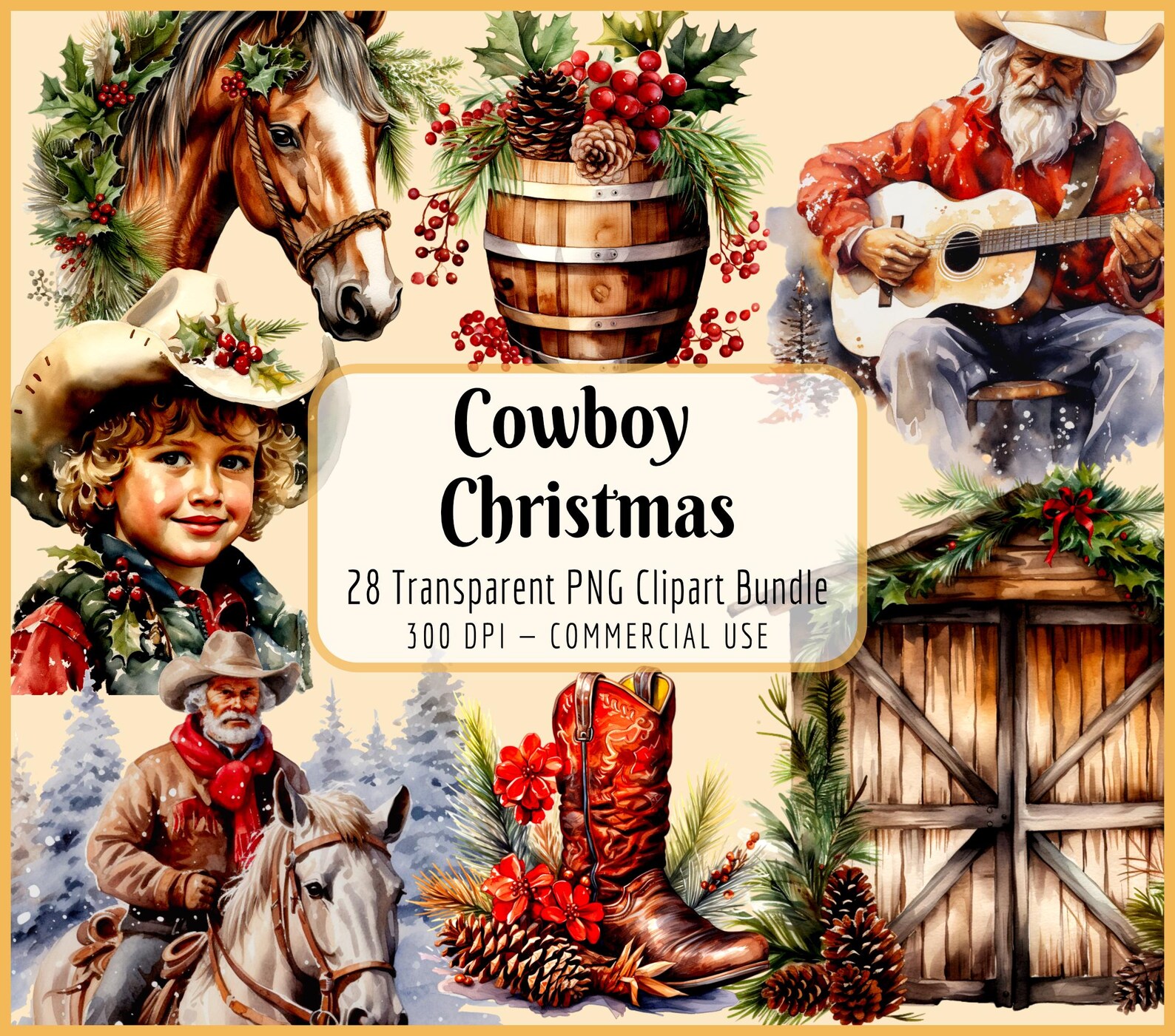 Cowboy Christmas Clipart Bundle | Watercolor, Festive Cowboy, Western ...