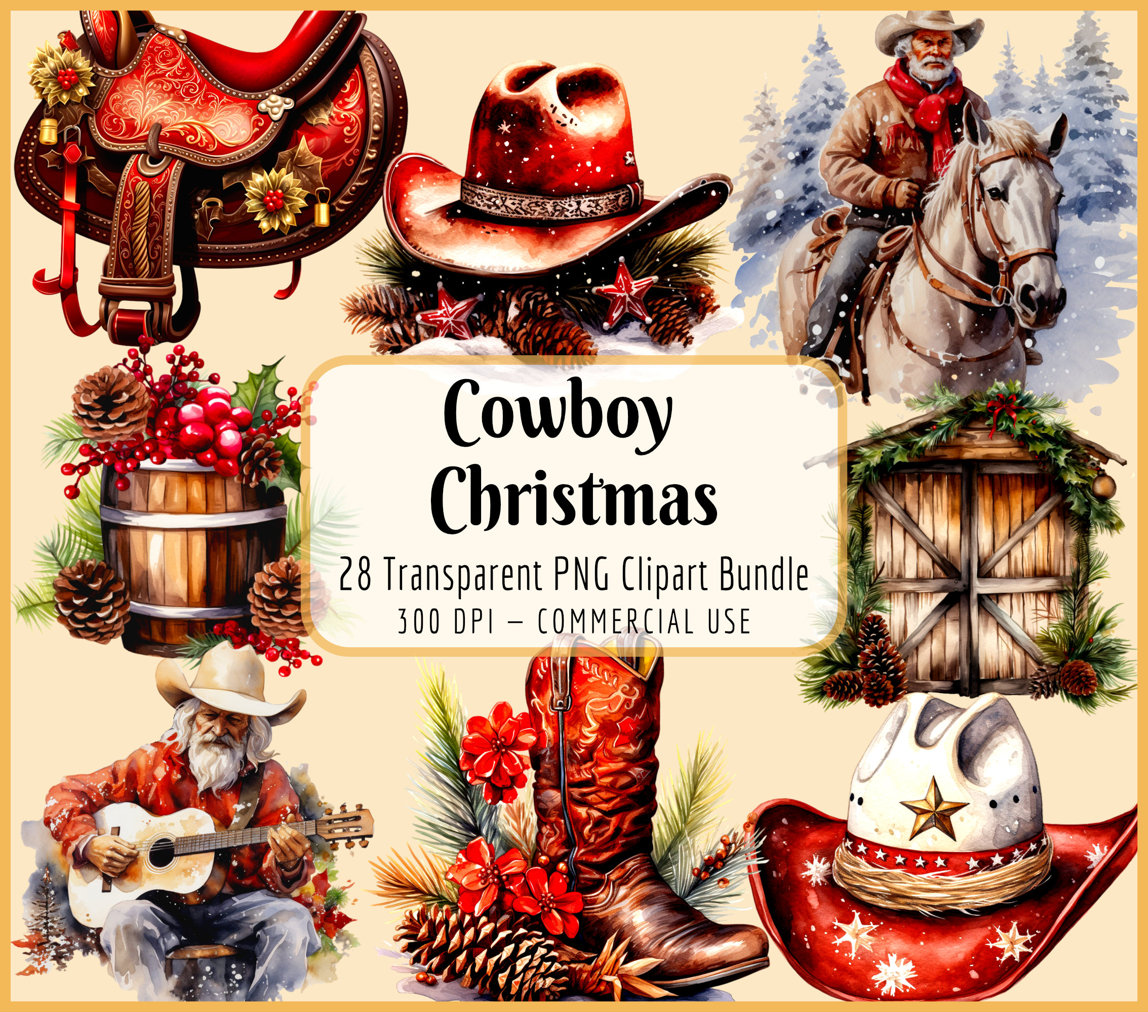 Cowboy Christmas Clipart Bundle Watercolor Xmas, Western Rustic Boho ...