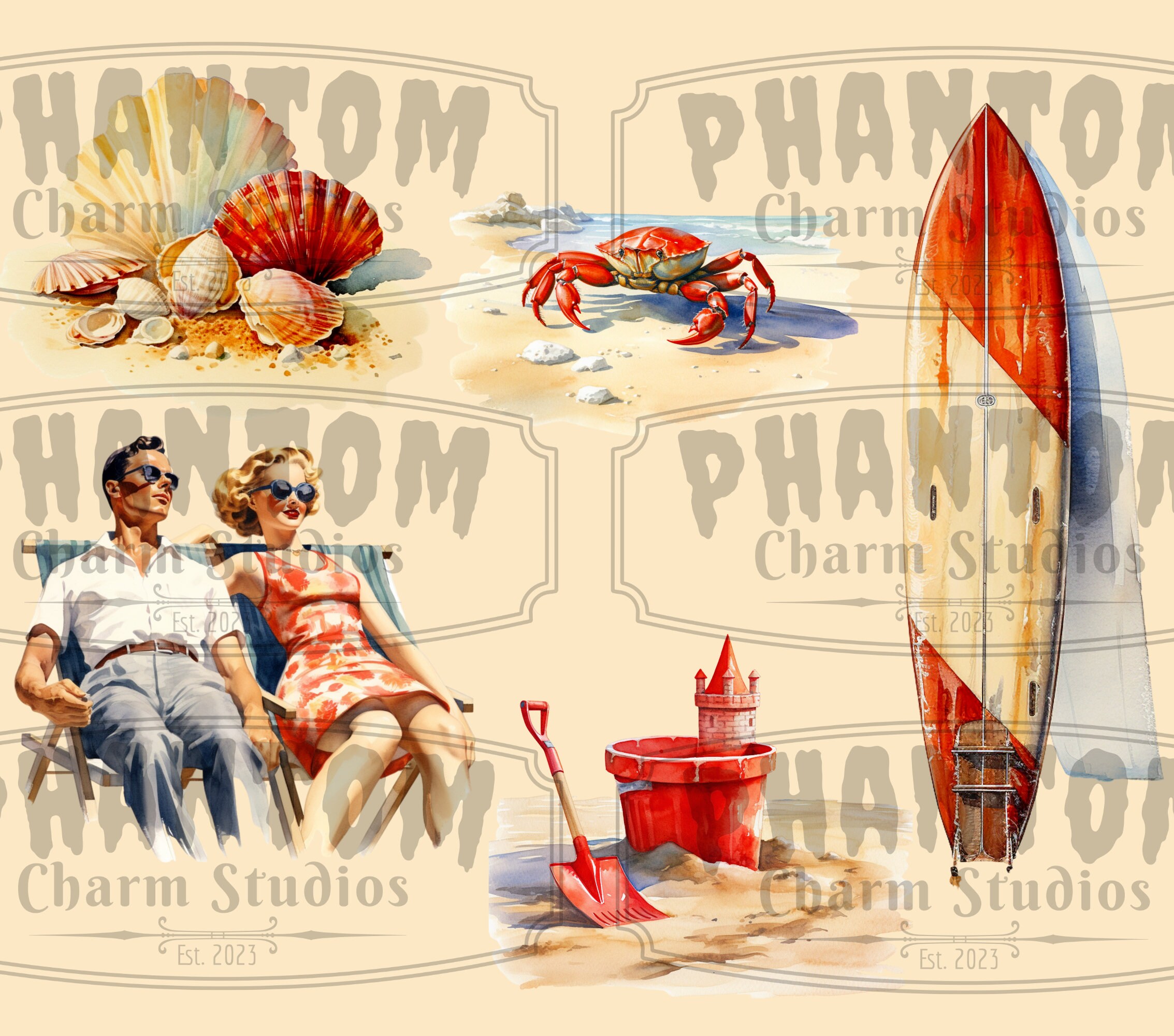 Vintage Beach Vacation Clipart Bundle I 1950s Retro Summer Vibes, Ocean ...