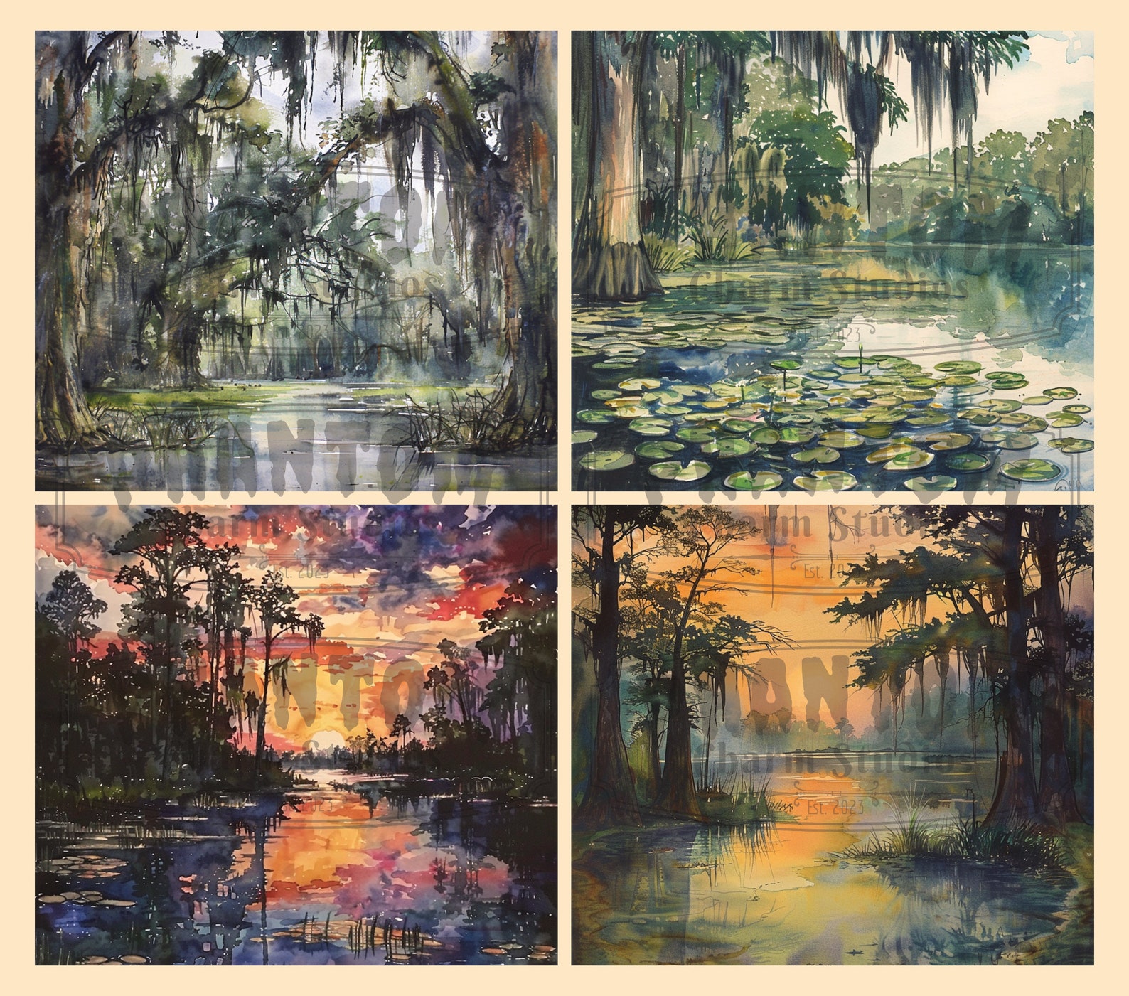Watercolor Bayou Landscapes Digital Paper | Southern Louisiana, Cypress ...