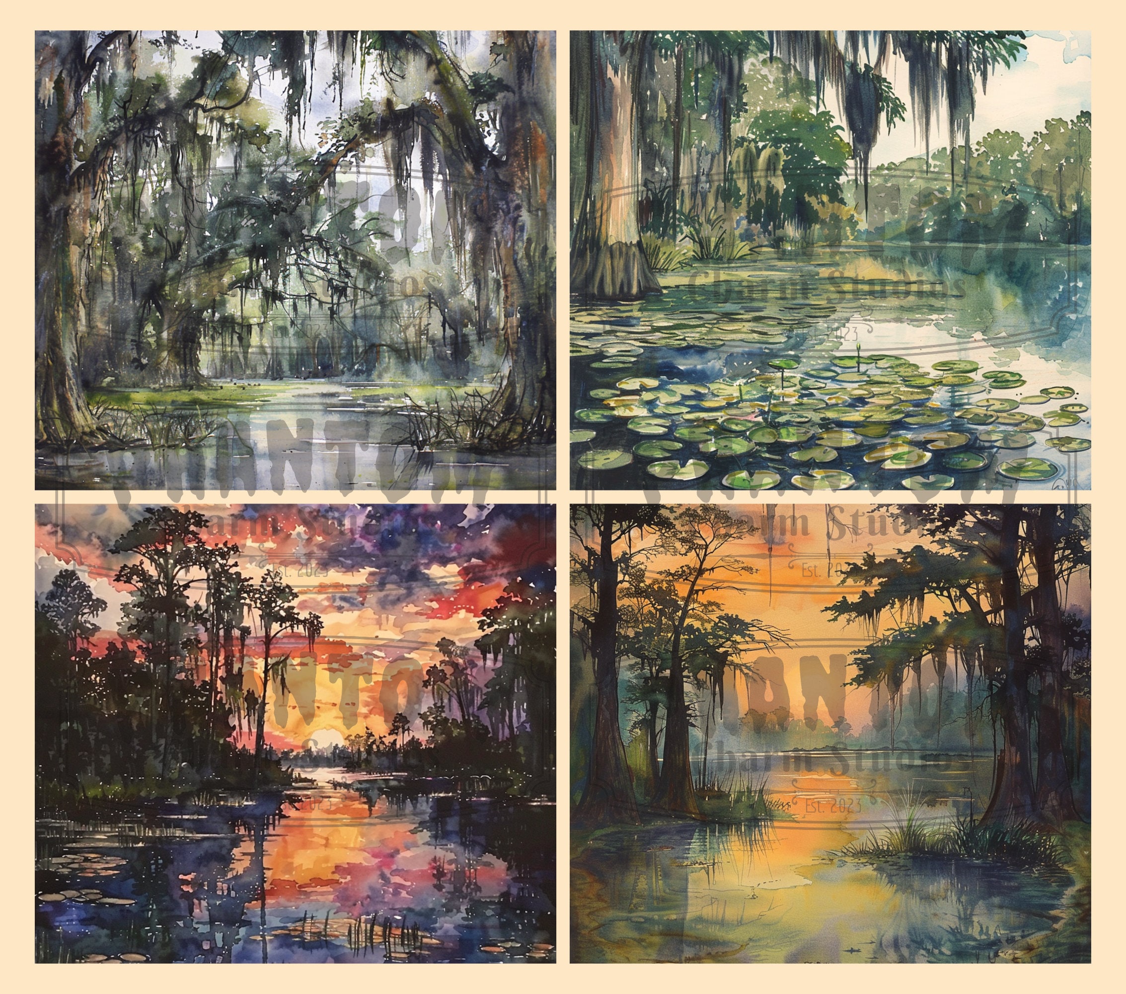 Watercolor Bayou Landscapes Digital Paper | Southern Louisiana, Cypress ...