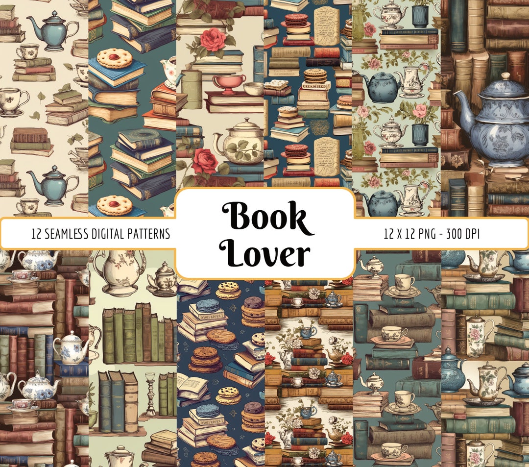 12 Book Lover Digital Paper Seamless Paper Library Bookshelf Clipart ...