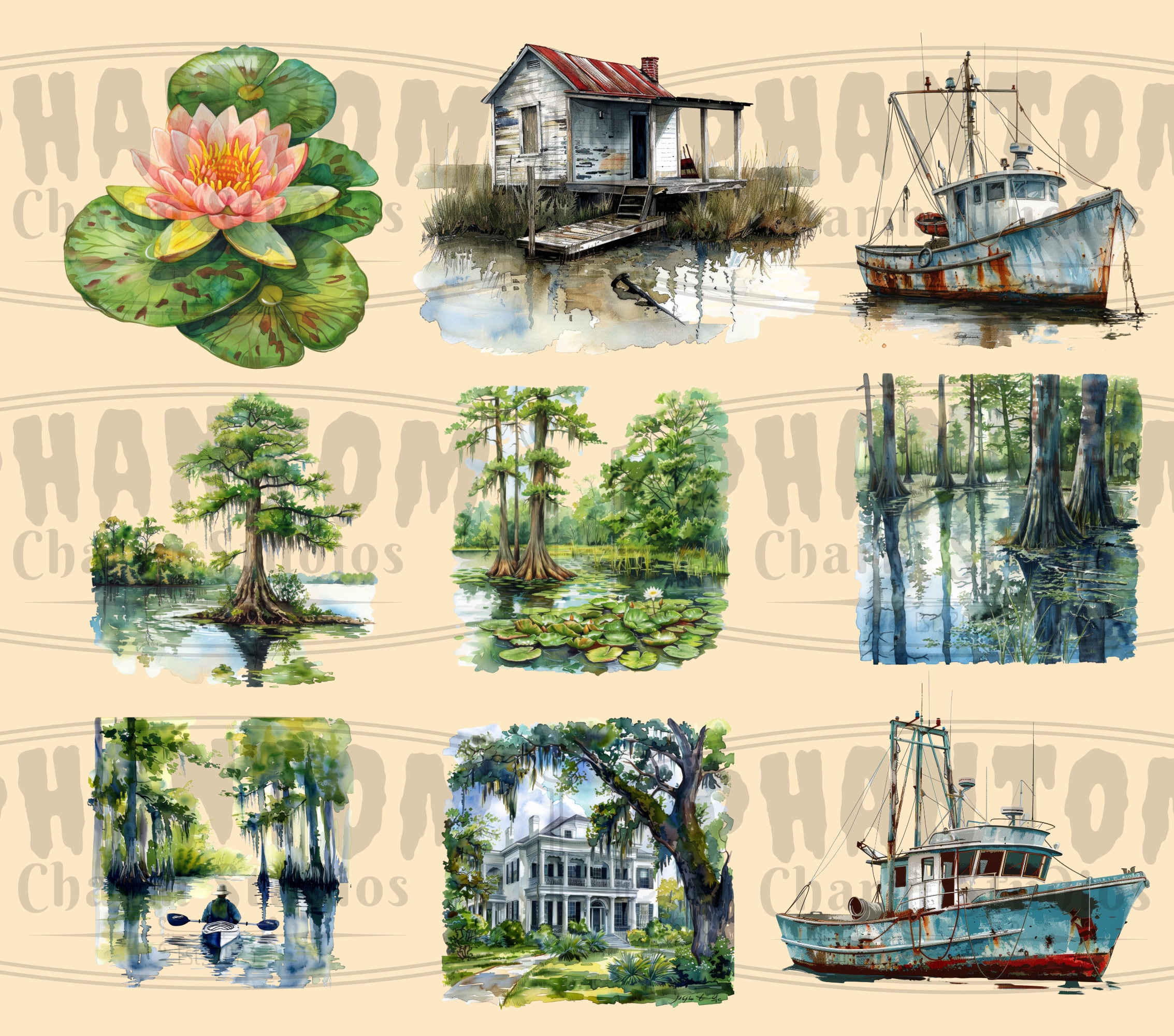 Watercolor Bayou Clipart Bundle I Louisiana, Southern Landscape ...