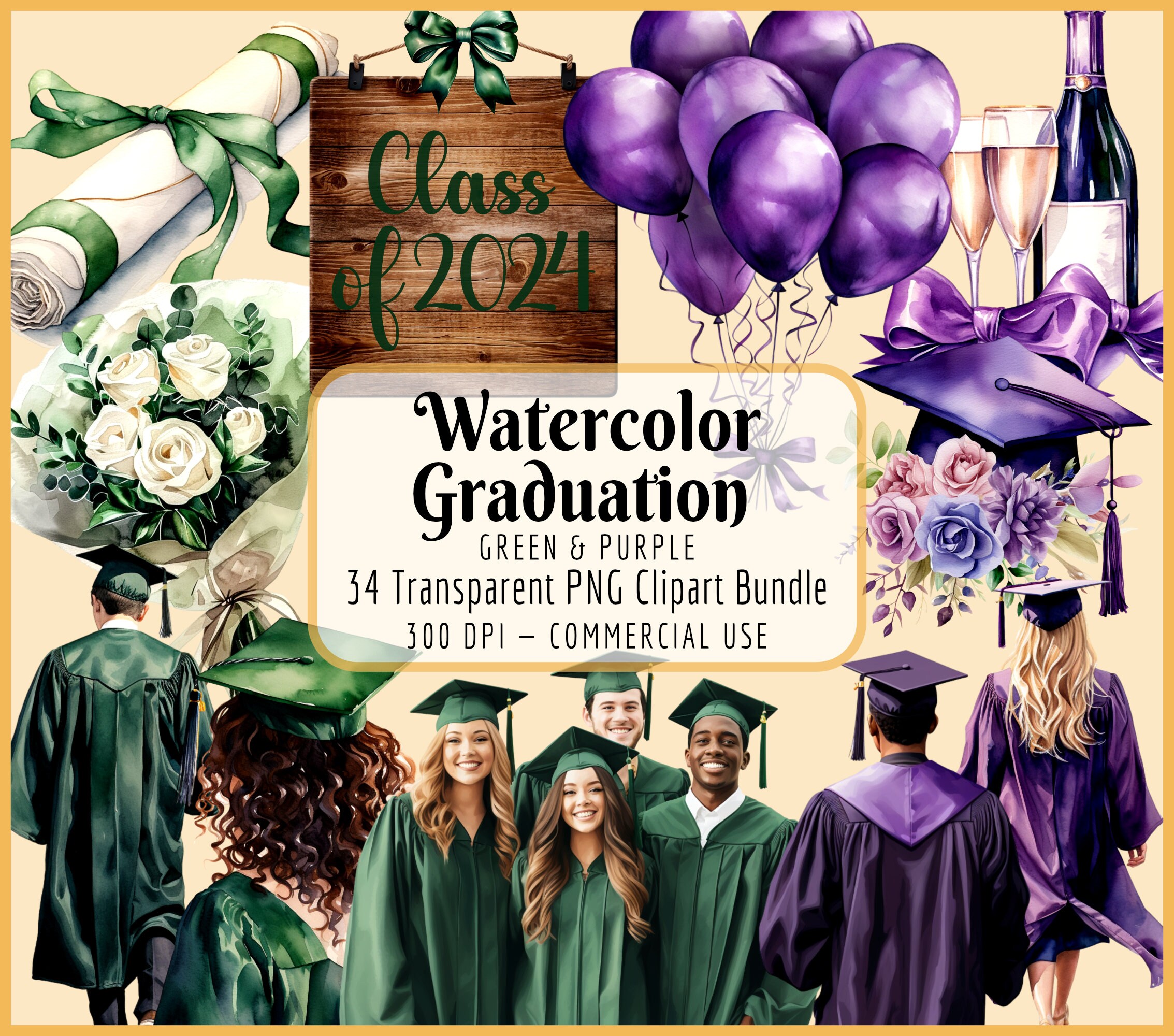Watercolor Graduation Clipart Bundle I Green Purple Graduate Diploma ...
