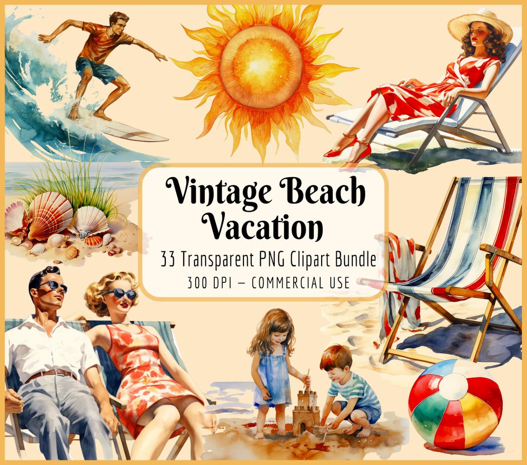 Vintage Beach Vacation Clipart Bundle I 1950s Retro Summer Vibes, Sea ...