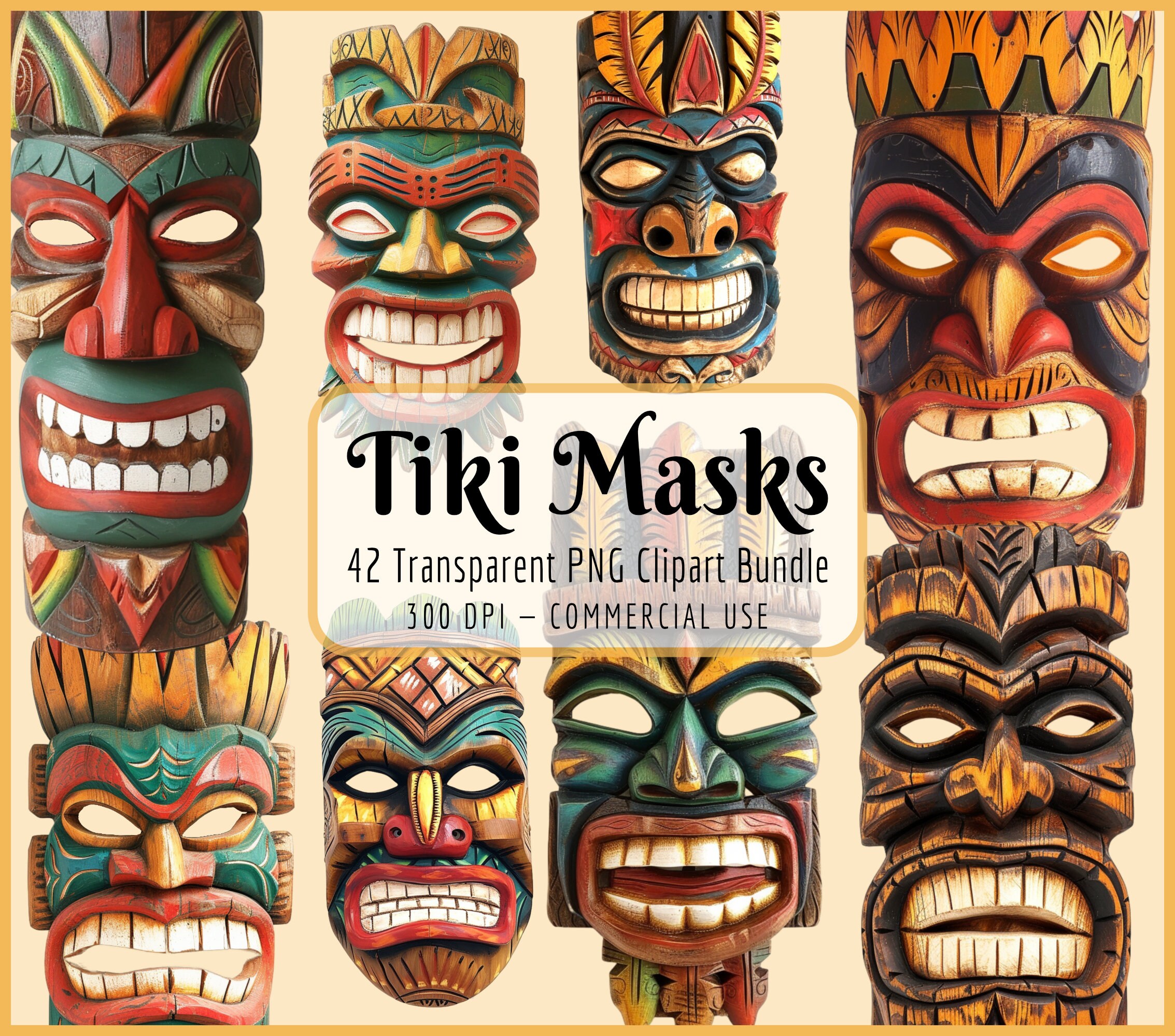 Tiki Masks Clipart Bundle I Exotic, Carved Wood, Polynesian Luau ...