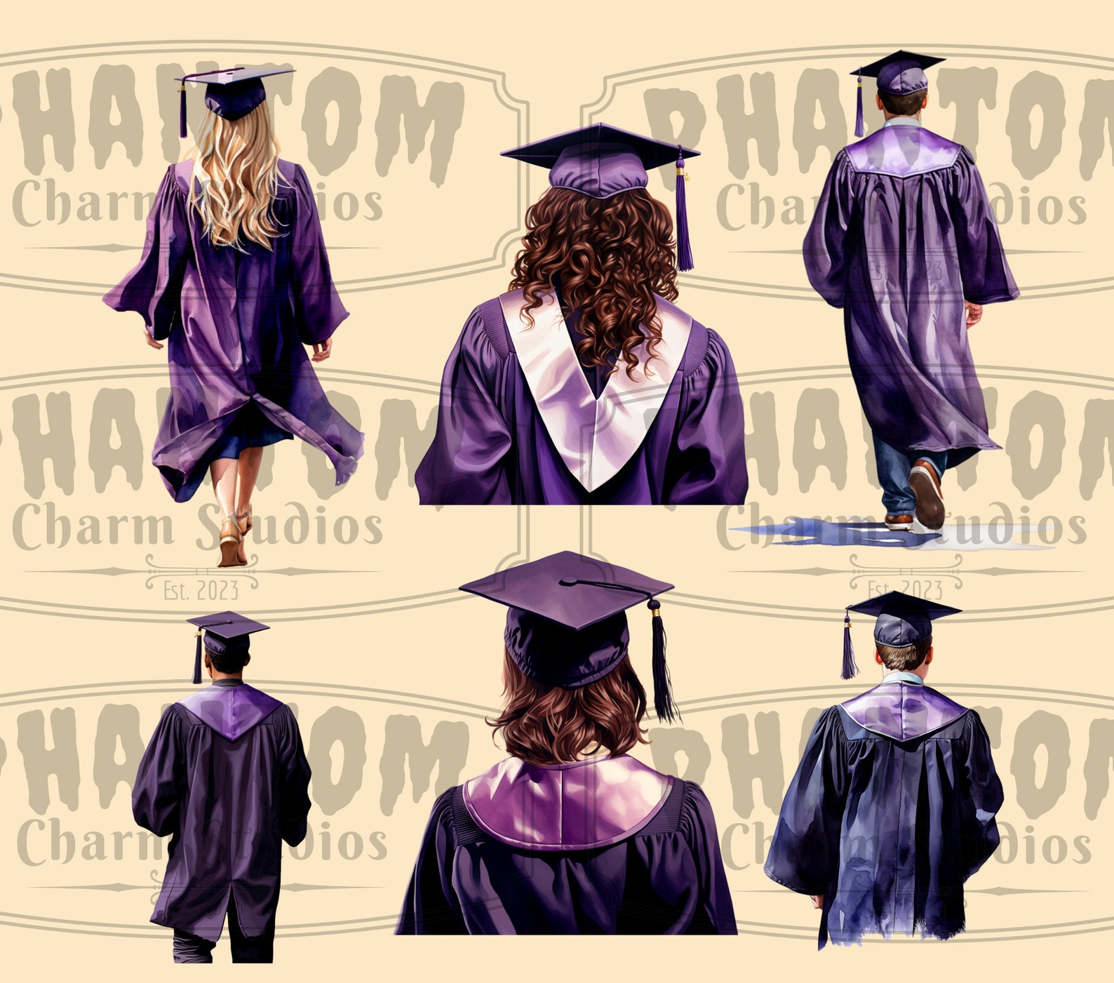 Watercolor Graduation Clipart Bundle I Green Purple, Grad, Diploma, Cap ...