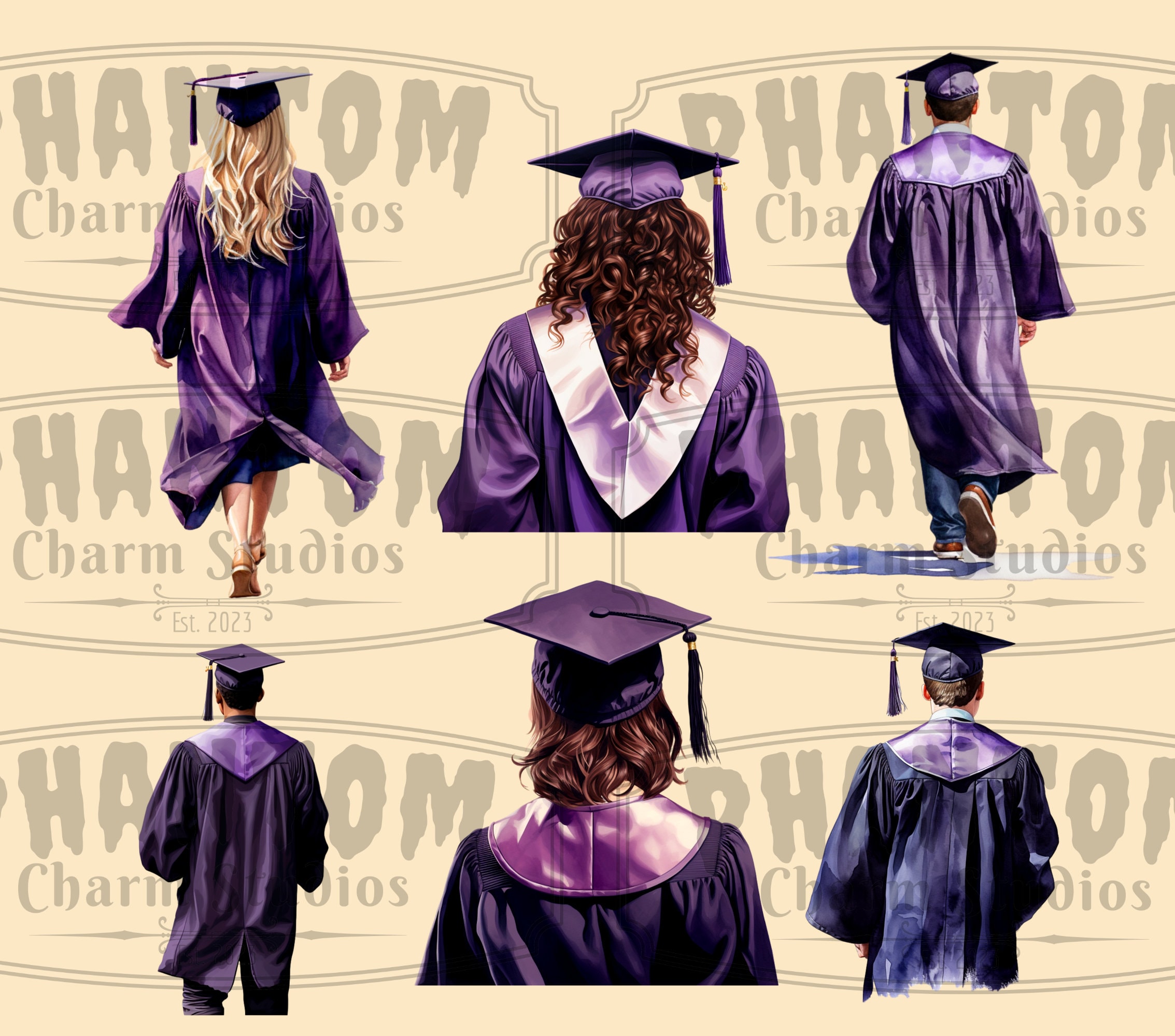 Watercolor Graduation Clipart Bundle I Green Purple, Grad, Diploma, Cap ...