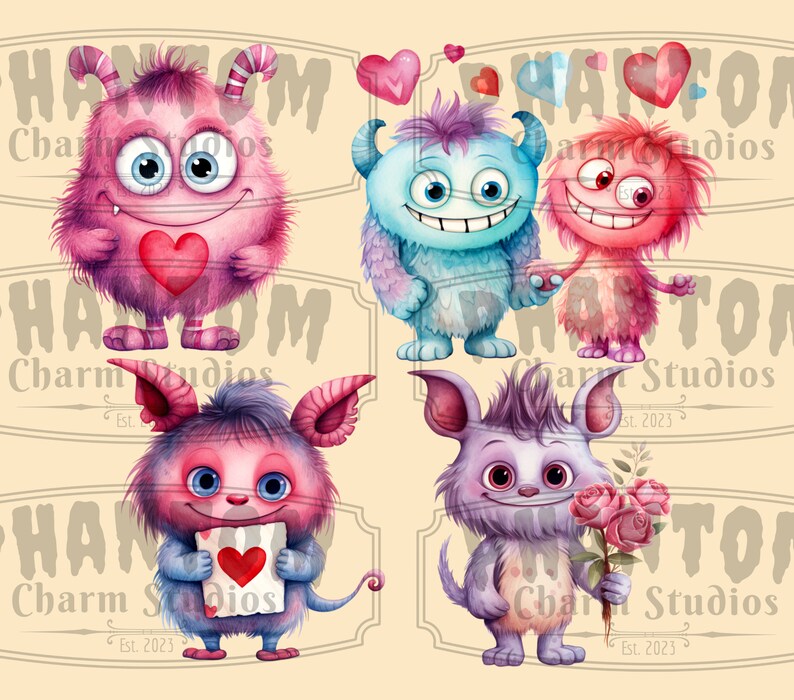 Cute Valentines Monsters Clipart Bundle | Watercolor, Cartoon Monsters ...