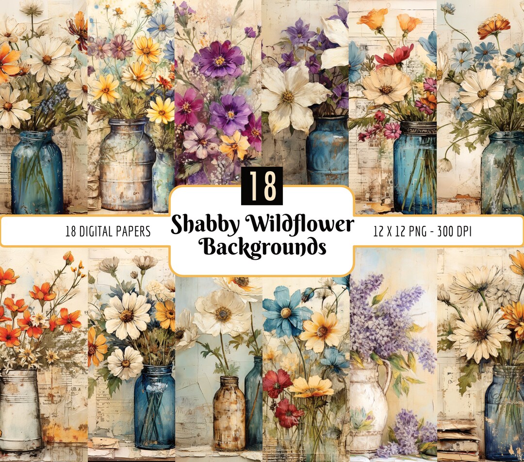 Shabby Wildflower Backgrounds Digital Paper Pack, Vintage Printable ...