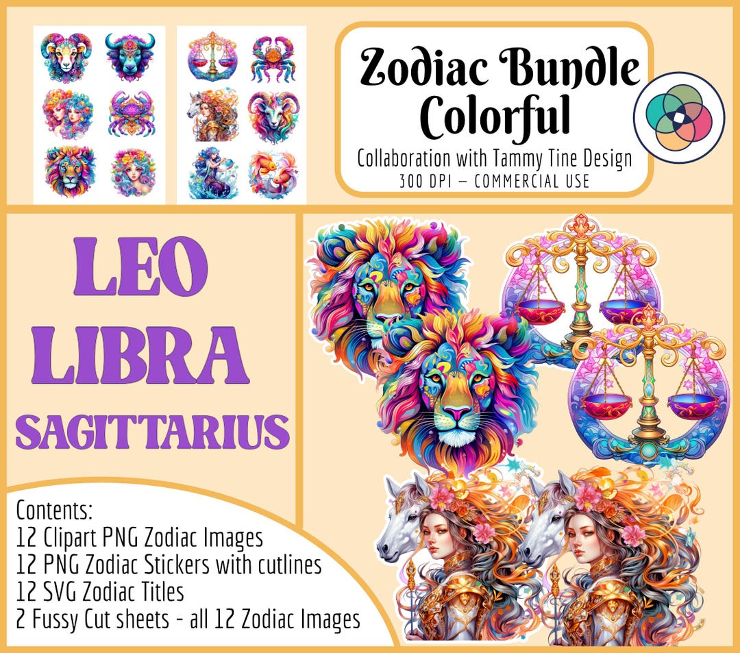 Zodiac Bundle Colorful Astrology Signs, Sun Moon Rising, Celestial ...