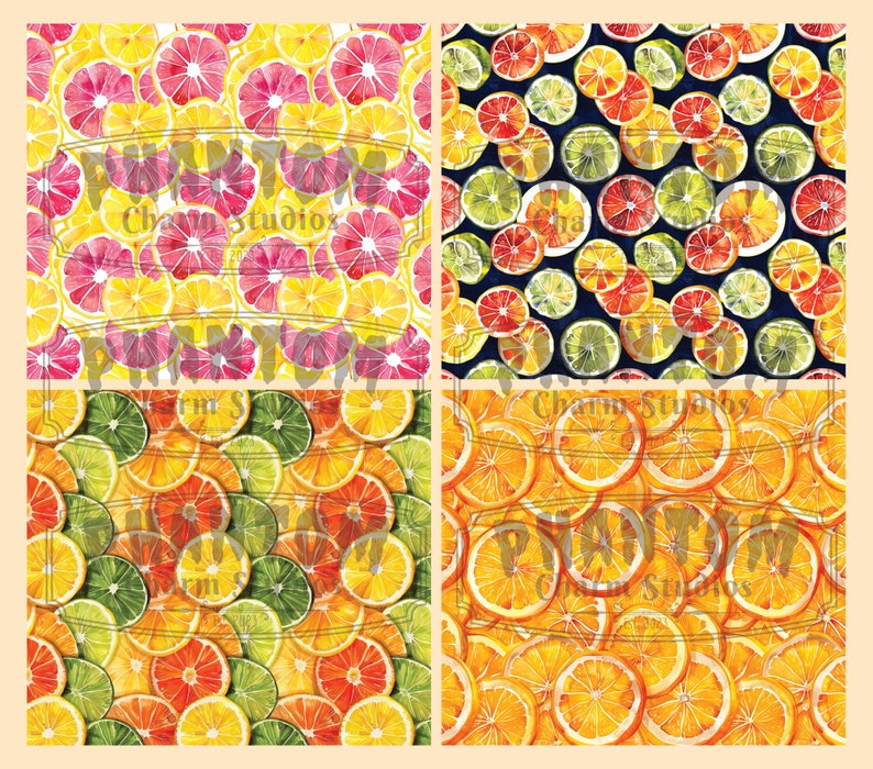Citrus Fruits Seamless Patterns: Slices, Fruit Blossoms, Digital Paper ...