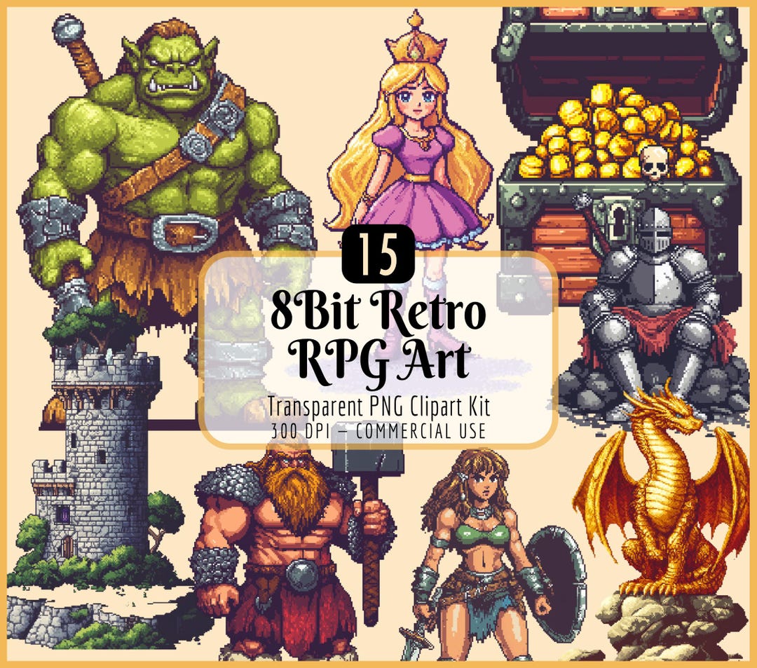 8bit Retro RPG Art Clipart Kit| Pixel Art Wizard, Scrapbooking, Retro ...