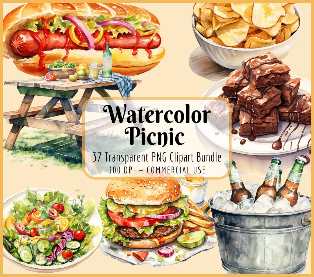 Watercolor Picnic Clipart Bundle | Outdoor Spring Summer Picnic Baskets ...