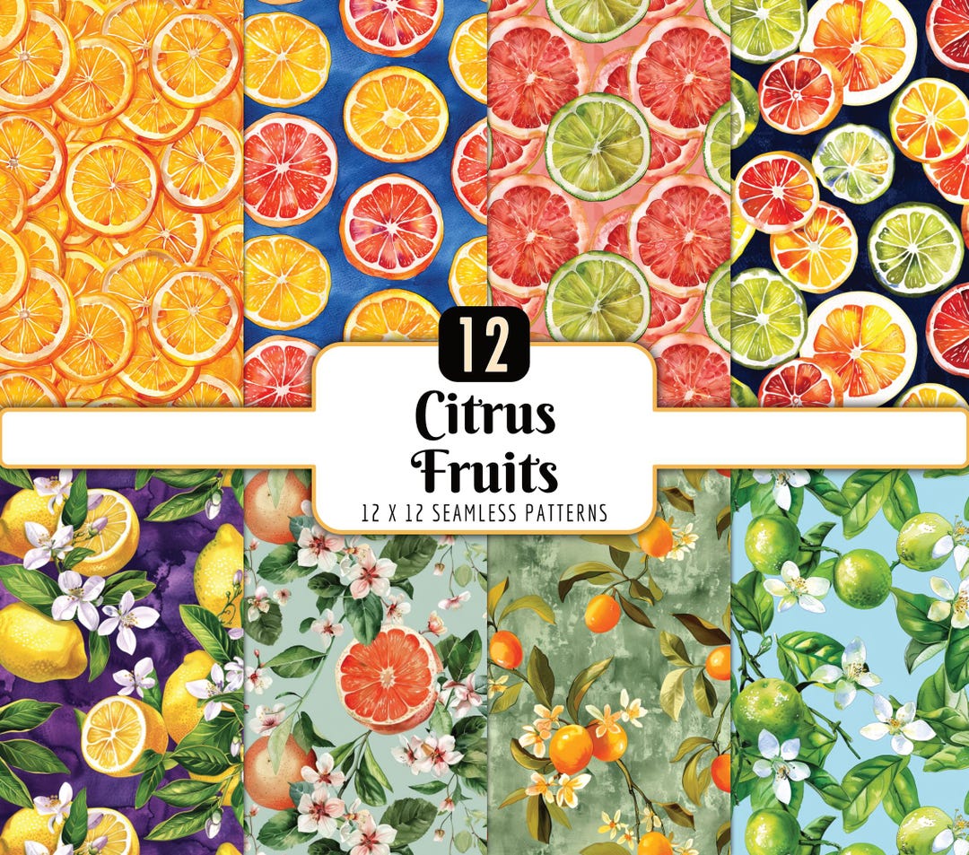 Citrus Fruits Seamless Patterns: Slices, Fruit Blossoms, Digital Paper ...