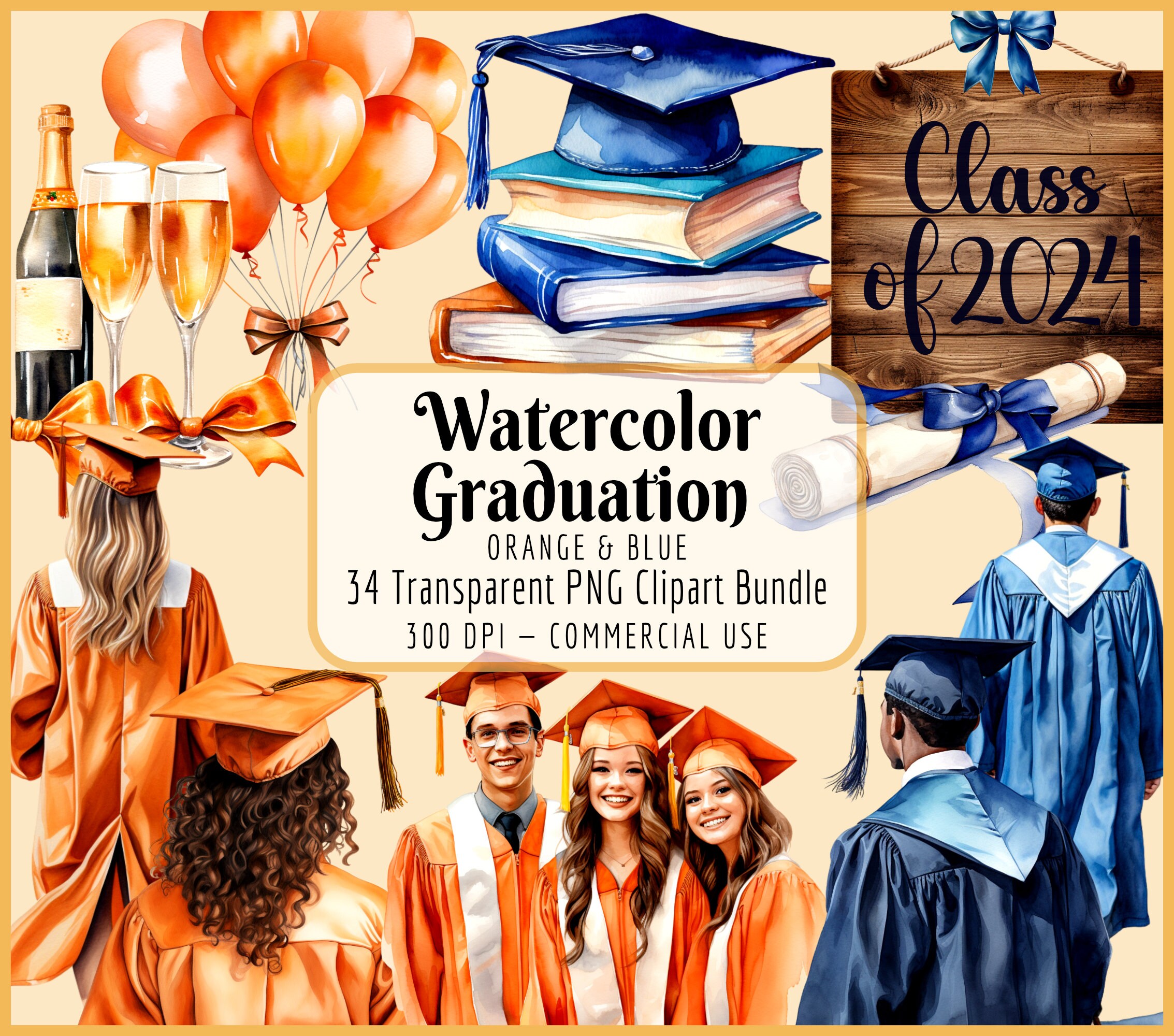 Watercolor Graduation Clipart Bundle With Orange and Blue Elements - Etsy